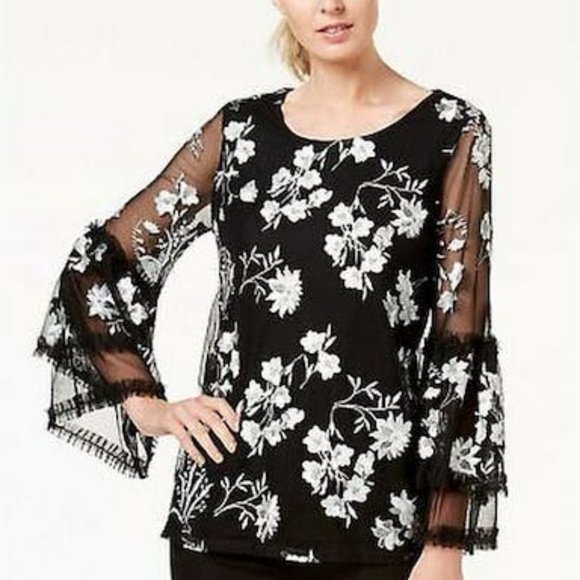 Alfani | Tops | Alfani Embroidered Sheersleeve Top Blackgray Size Small ...